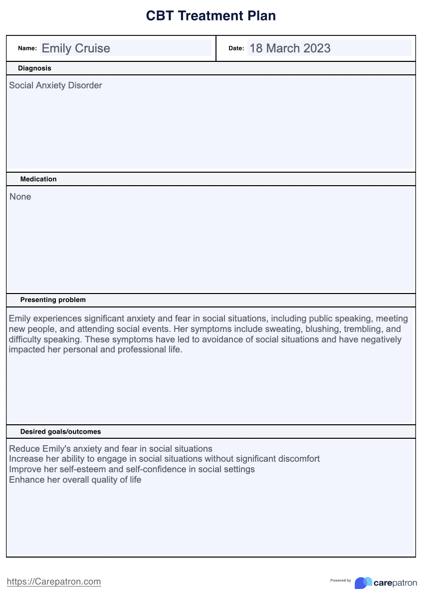 CBT Treatment Plan Example Free PDF Download